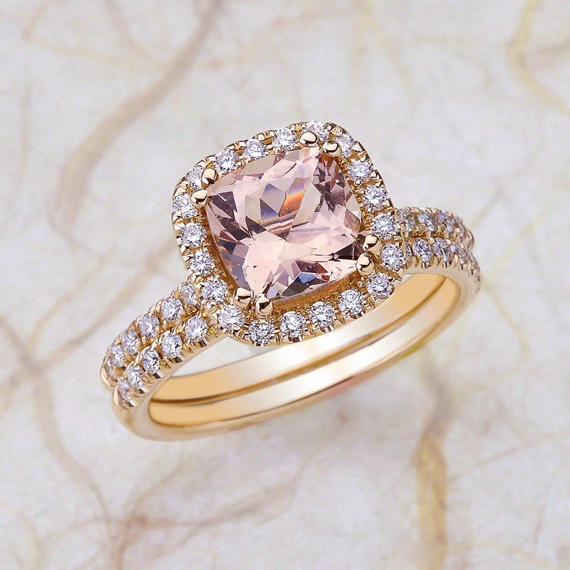 Morganite Bridal Set Rose Gold Morganite Halo Bridal Set | Etsy