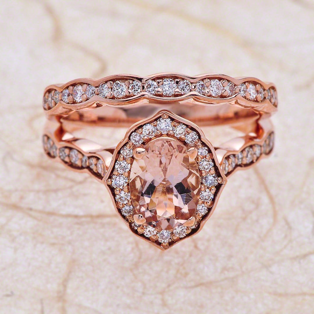 Morganite Bridal Set Rose Gold / Oval Cut Morganite Halo Scalloped ...