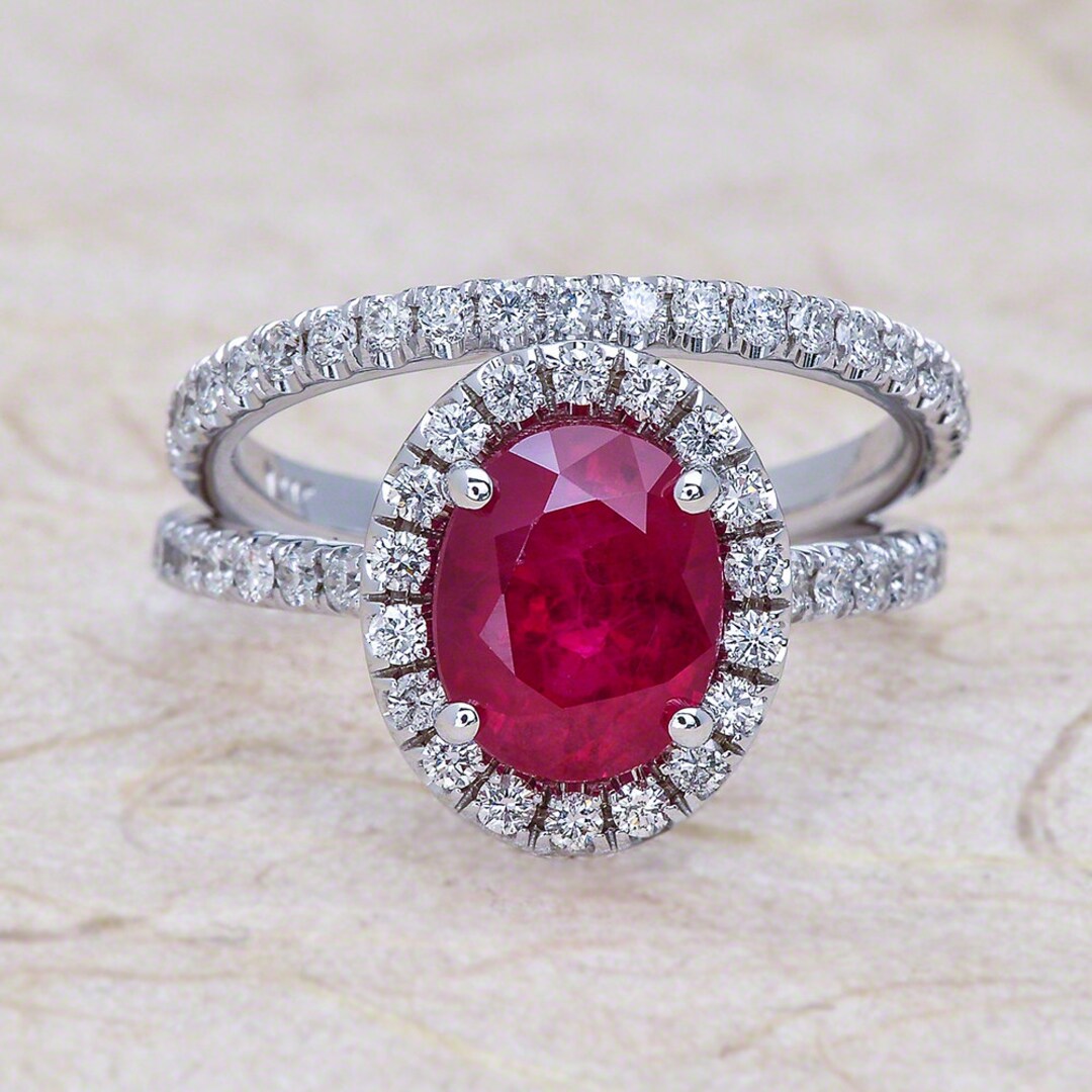9x7mm Oval Cut Lab Grown Ruby Halo Engagement Ring With Wedding Band in ...