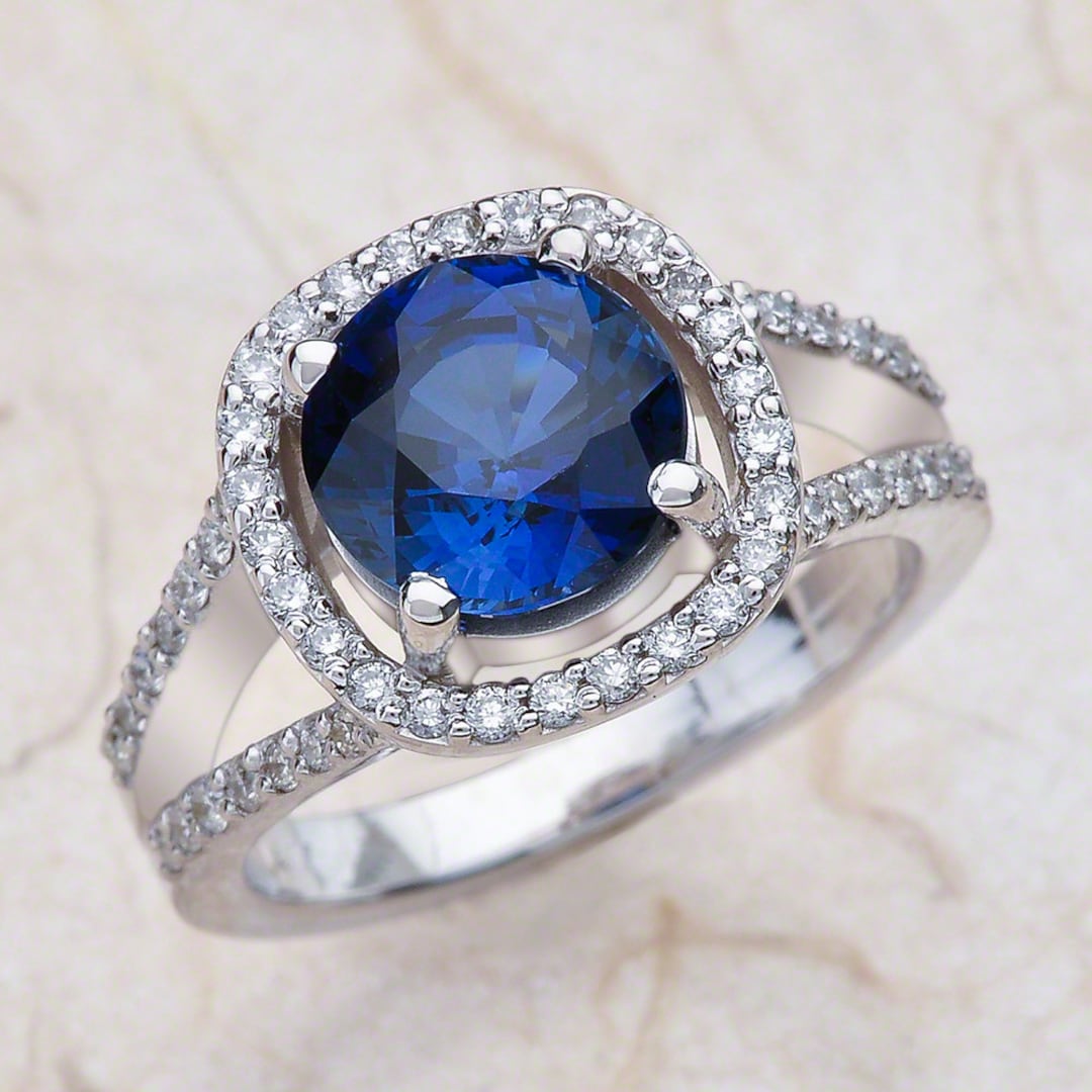 Blue Sapphire Engagement Ring White Gold, Lab Grown Sapphire Engagement ...