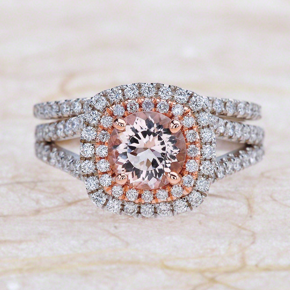 Morganite Bridal Set White and Rose Gold / Double Halo Split Shank ...