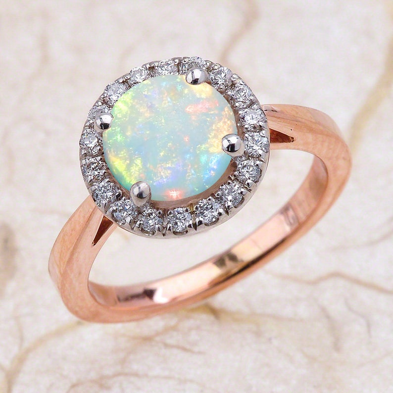 Opal Engagement Ring Rose Gold Opal Rose Gold Ring Halo Opal - Etsy