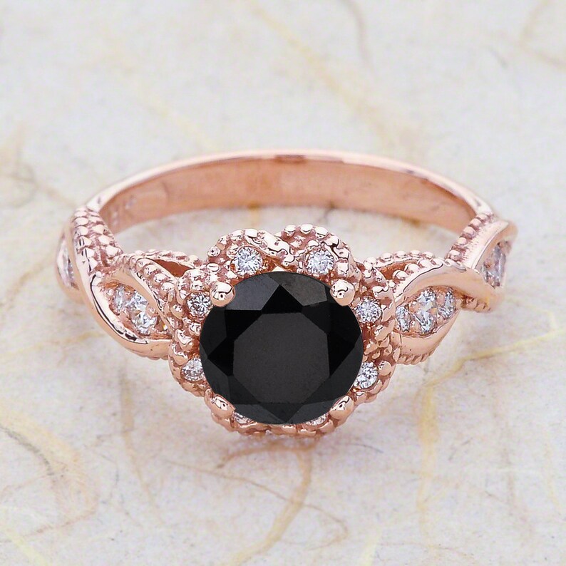 14K Vintage Rose Gold Engagement Ring Center is A Round Black Spinel - Etsy