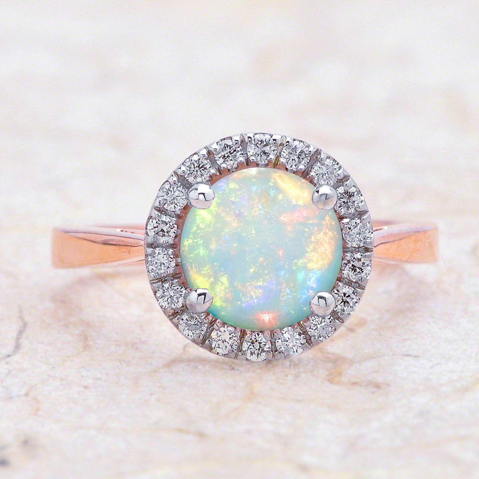 Opal Engagement Ring Rose Gold Opal Rose Gold Ring Halo Opal - Etsy