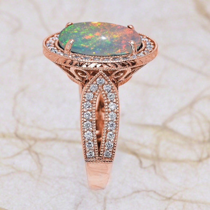 Opal Engagement Ring Rose Gold Opal Rose Gold Ring Opal Halo | Etsy