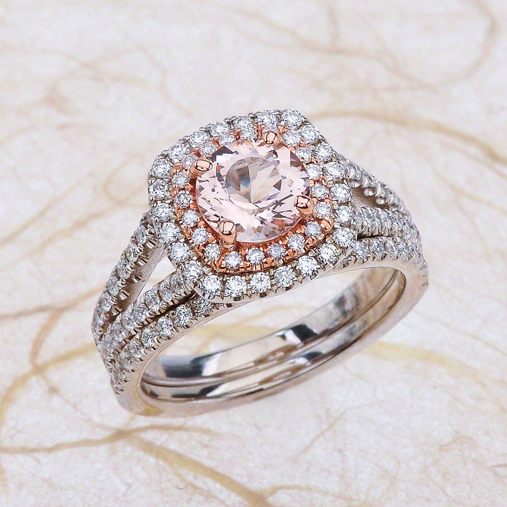 Morganite Bridal Set White and Rose Gold / Double Halo Split | Etsy