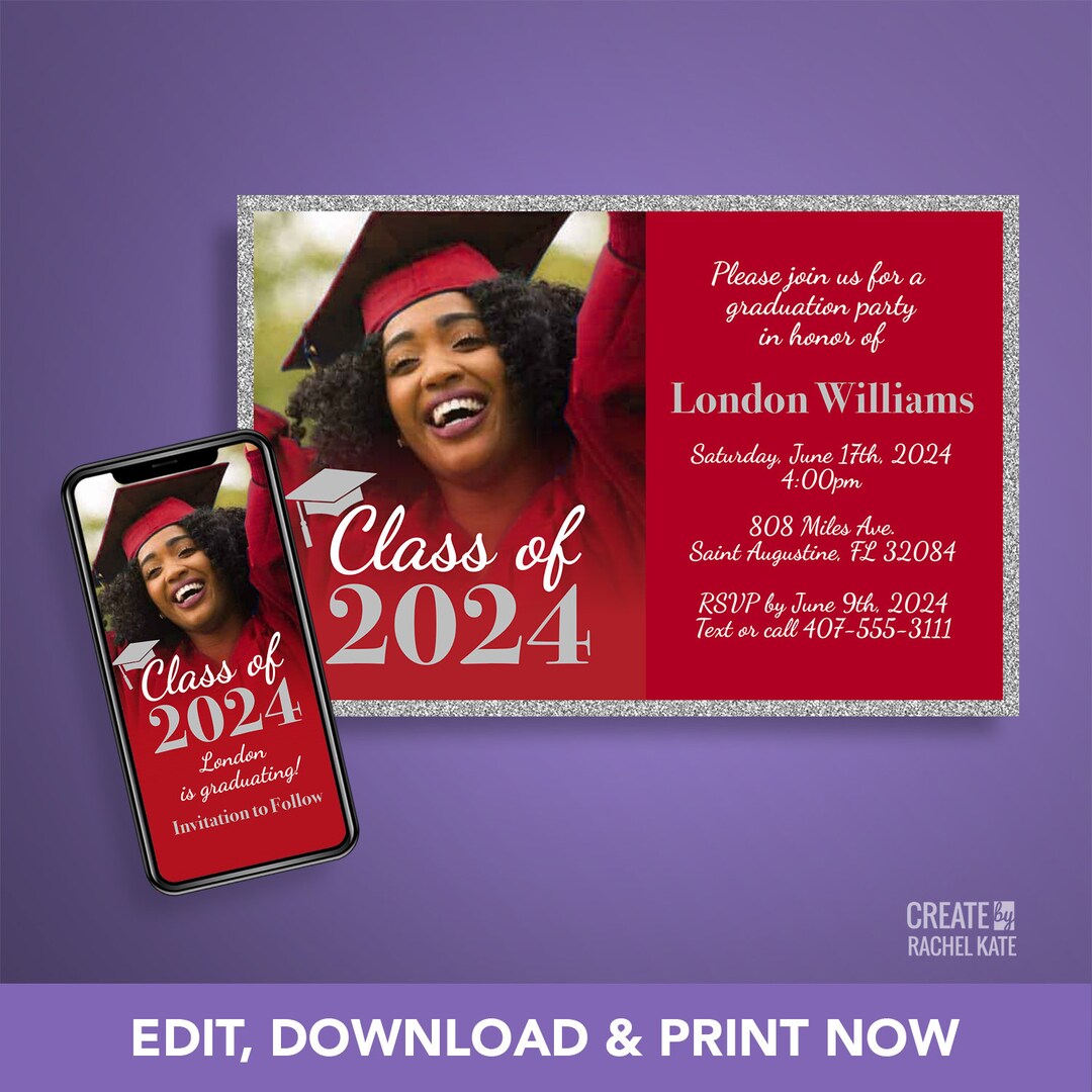 Graduation Photo Class of 2024 Red Maroon Silver Glitter Invitation ...