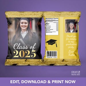 Graduation Photo Class of 2025 Gold Glitter Foil Font Potato Chip ...