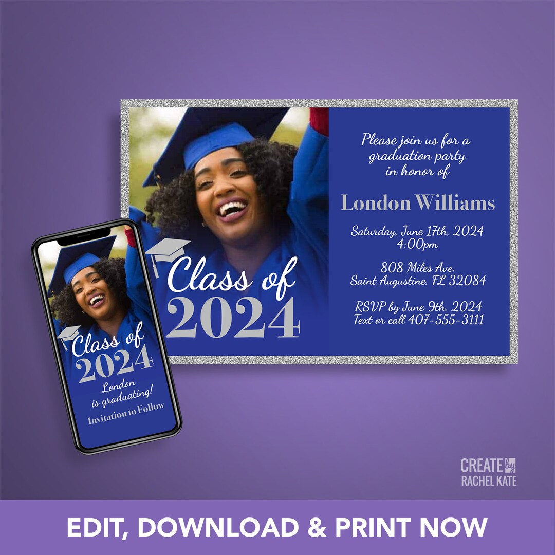 Graduation Photo Class of 2024 Royal Blue Silver Glitter Invitation ...