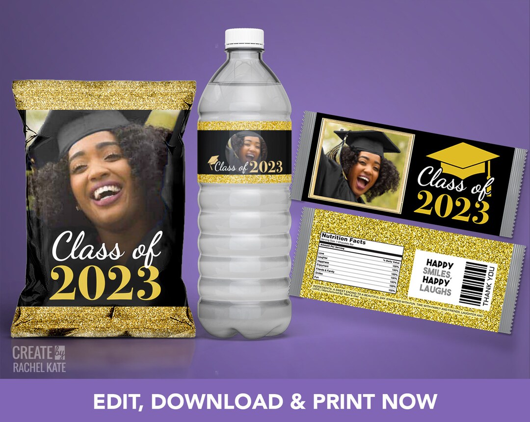Graduation Photo Class of 2024 Black Gold Glitter Potato Chip Bag ...