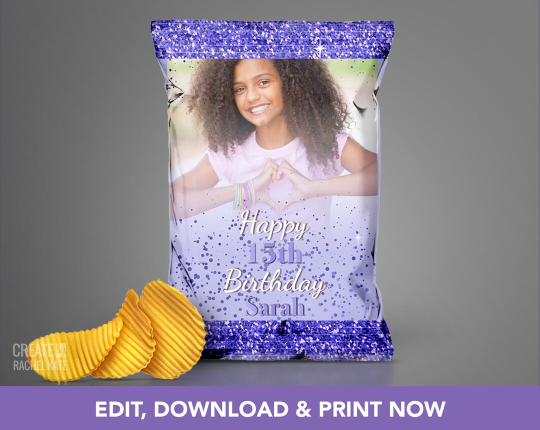 Teen Birthday Purple Indigo Girl Glitter Foil Photo Potato Chip Chips ...