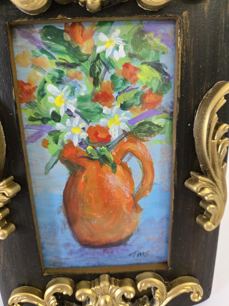 Still Life Painting Orange Pitcher With Flower Arrangement Tiny Framed ...
