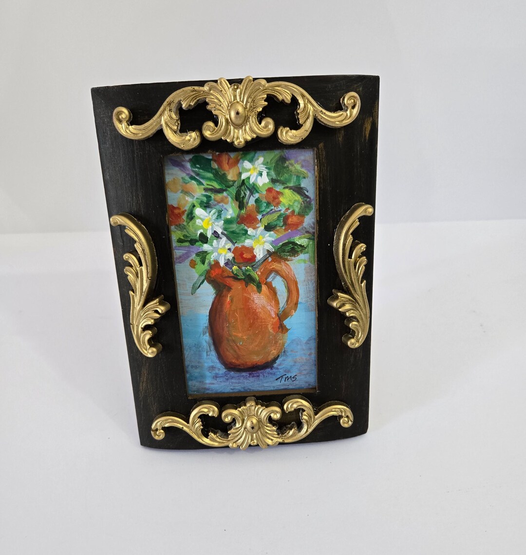 Still Life Painting Orange Pitcher With Flower Arrangement Tiny Framed ...