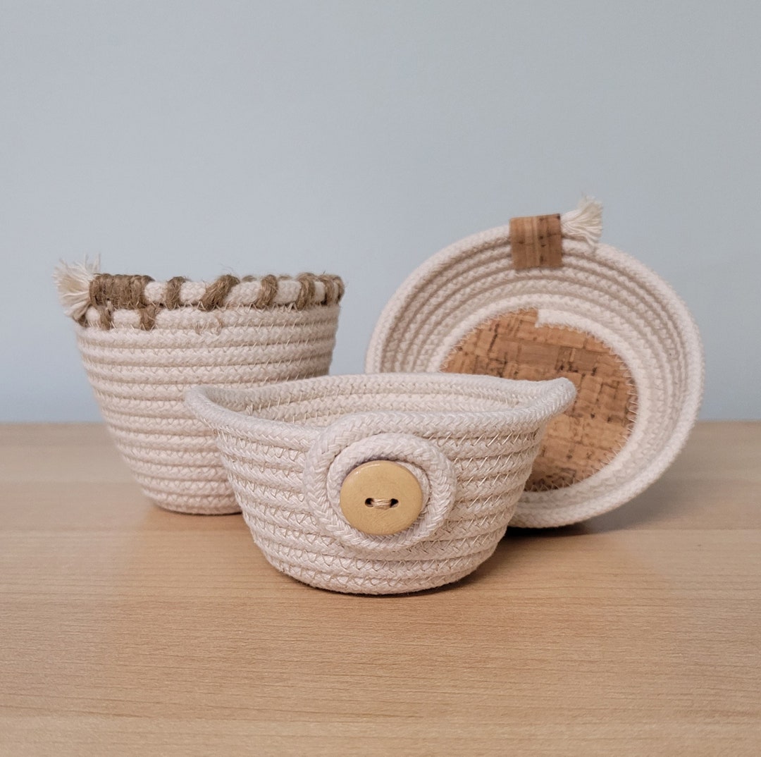 Set of 3 Miniature Coiled Rope Bowls, Mini Natural Rope Baskets With ...