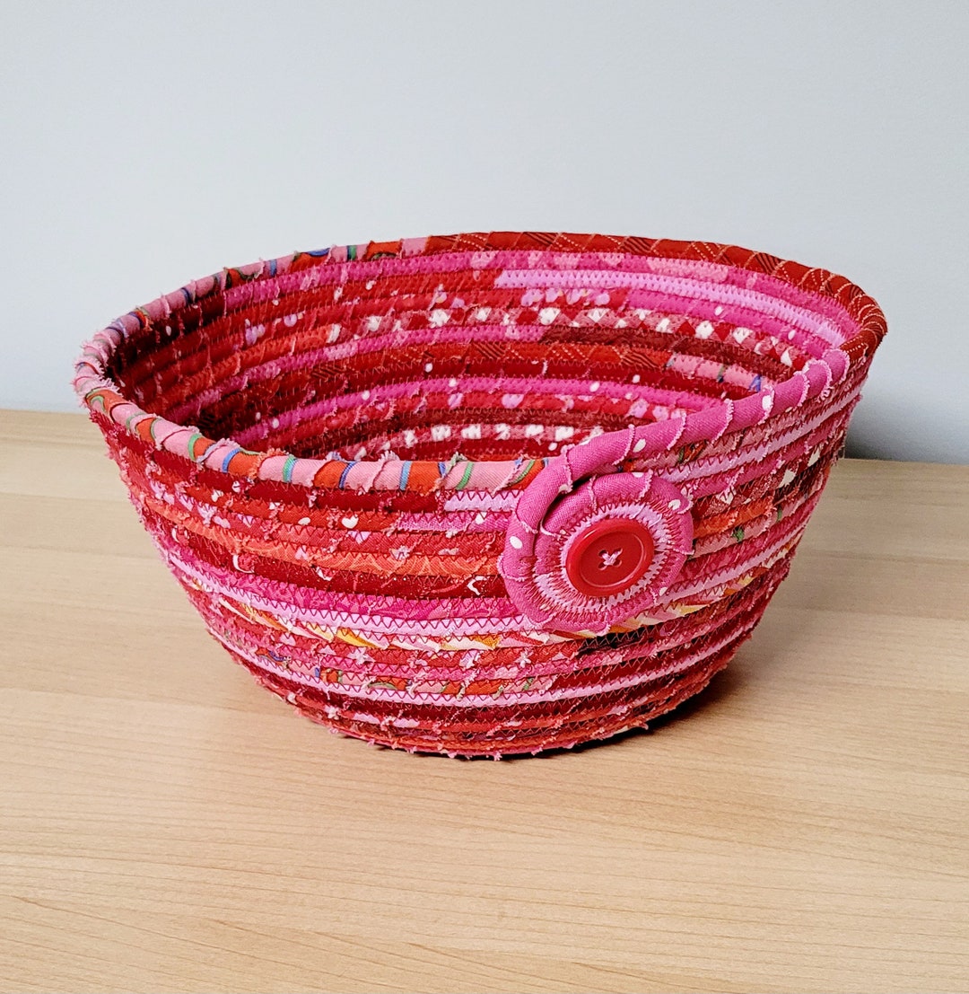 Large Valentine Coiled Rope Bowl, Scrappy Pink and Red Fabric Wrapped ...
