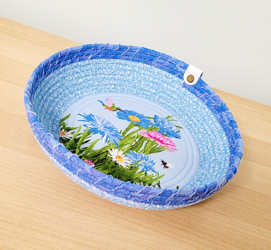 Wildflower Coiled Rope Bowl, Blue Fabric Wrapped Rope Basket, Spring ...