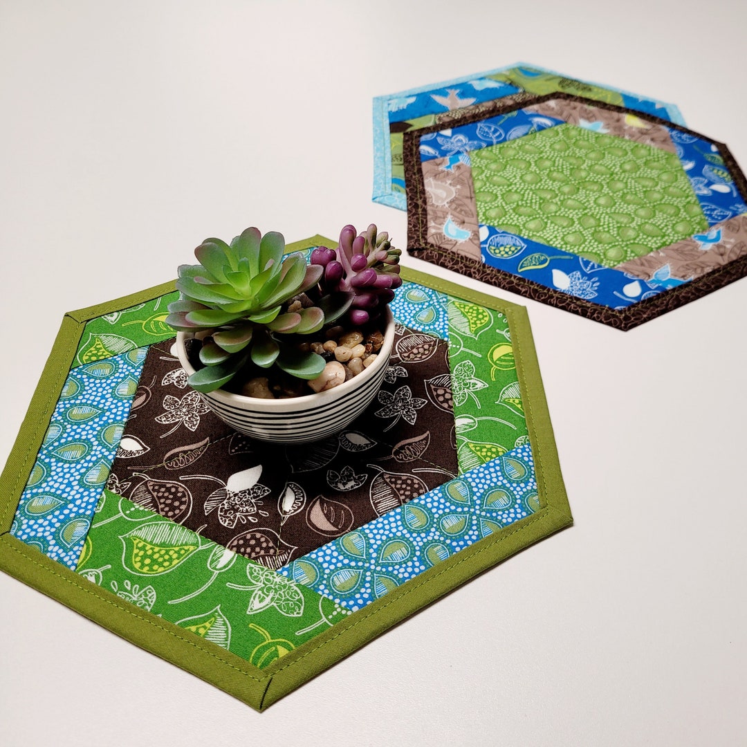 Set of 3 Handmade Quilted Mug Rugs Hexagon Candle Mats Blue - Etsy