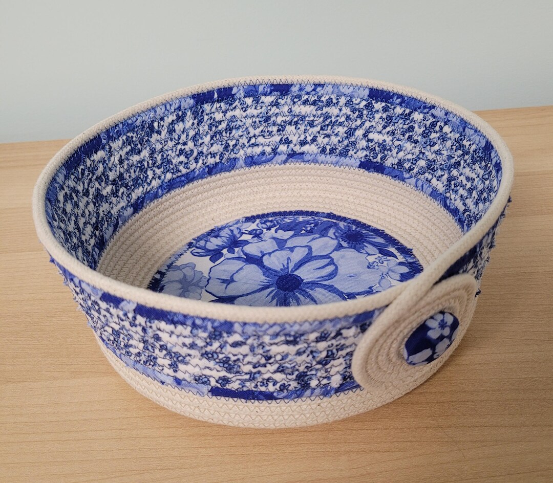 Large Delft Blue Floral Rope Bowl, Fabric Wrapped Basket, Spring Summer ...