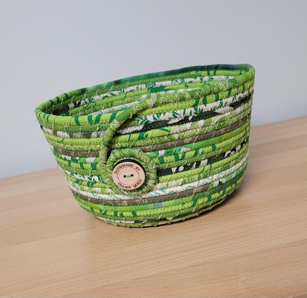 St. Patricks Day Coiled Rope Bowl, Scrappy Green Fabric Wrapped Rope ...