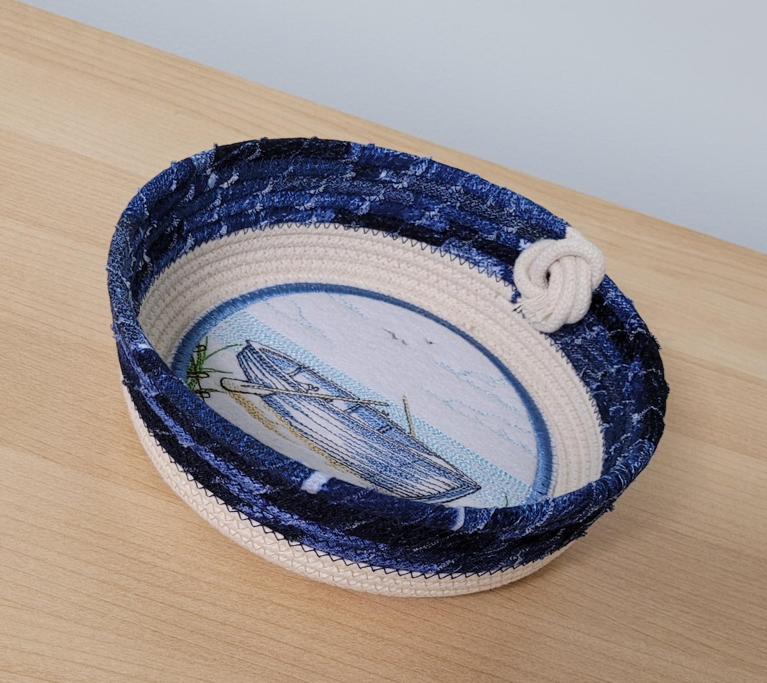 Rustic Coiled Rope Bowl, Embroidered Beach Scene Rowboat, Denim Blue, 6 ...