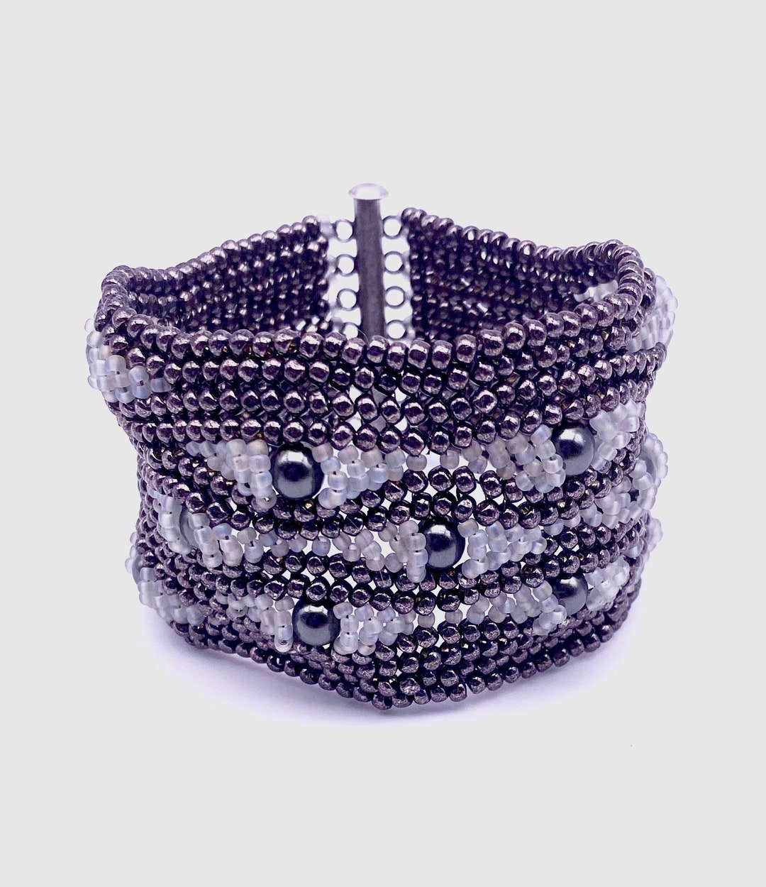 Gray Handmade Beadwork Bracelet Original Design Wide Cuff Style in ...