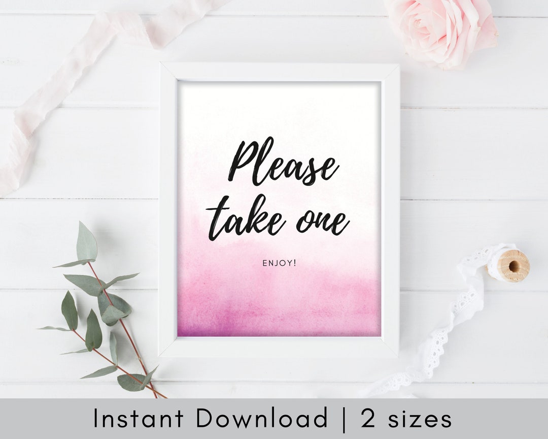 Take One Favors Sign, Printable Bridal Shower, Pink Watercolor, 8x10 ...