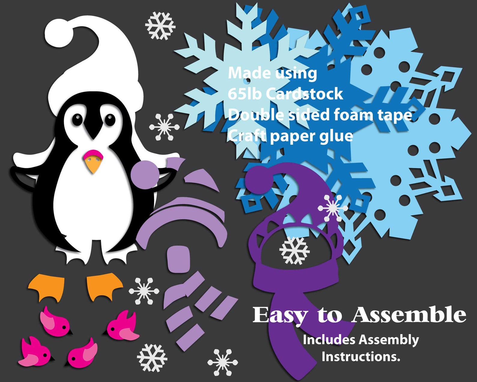 Penguin Snowflake Ornament, 3D SVG Papercut Template, PDF, PNG Dxf ...