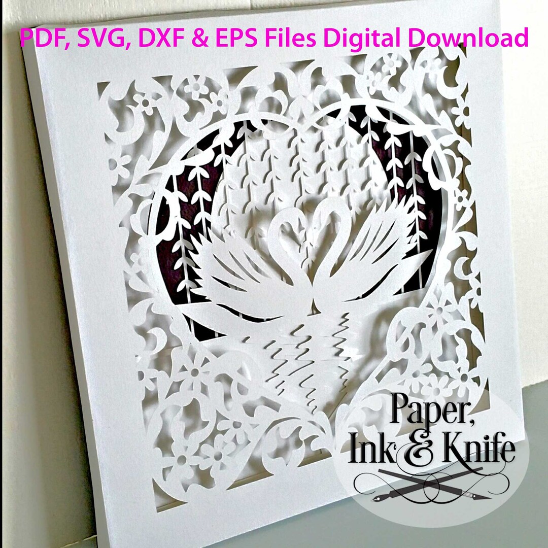 Swans Shadowbox Papercut Template, Swans in a Beautiful Ornate Heart ...