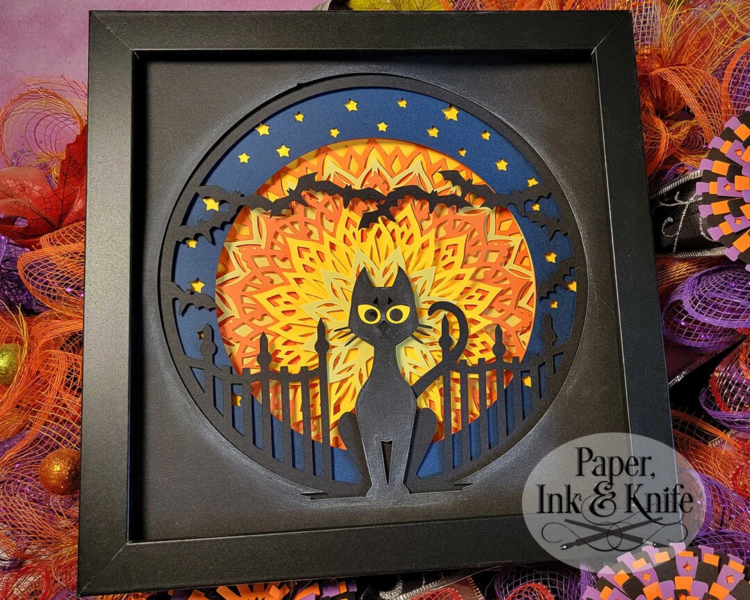 Cat Moon Halloween 3D SVG Papercut Shadowbox Template, Paper Lightbox ...
