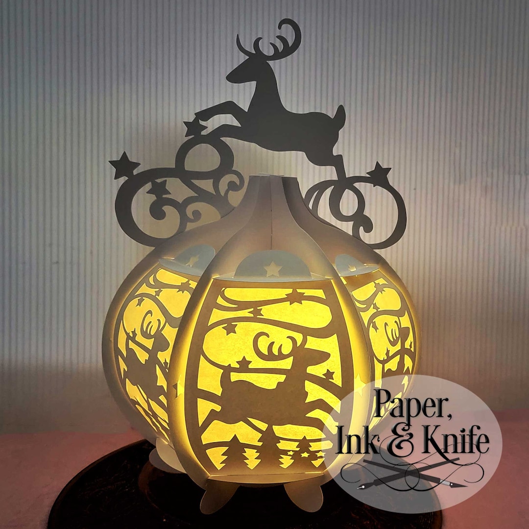 3D SVG Round Reindeer Paper Cut Lantern, Lightbox, PDF, Eps, PNG, Dxf ...