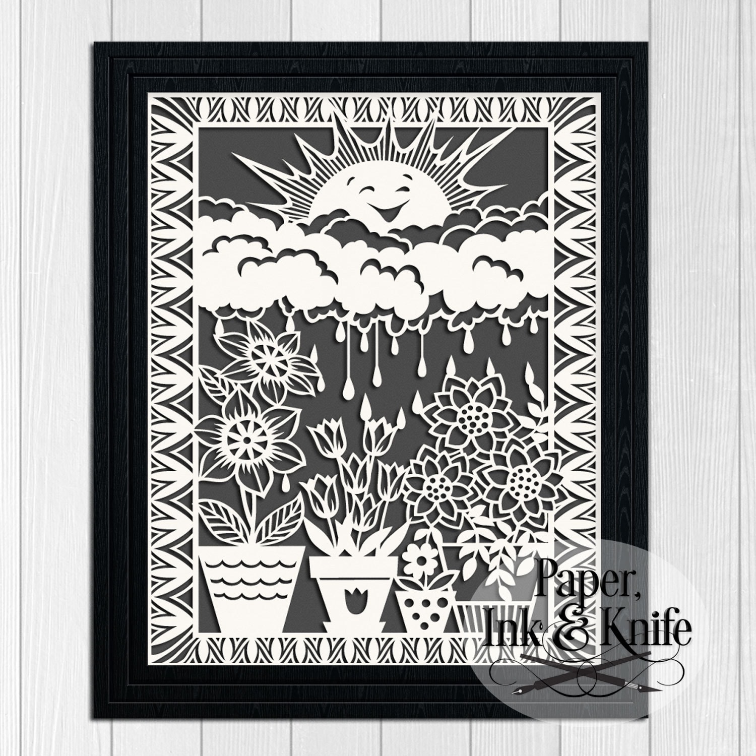 Sunshine and Flower Pots Papercut Template. Intermediate Level. Fits 8 ...