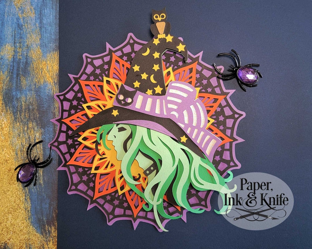 Witch Ornament Halloween Papercut Shadowbox Template, 3D Lightbox, Svg ...