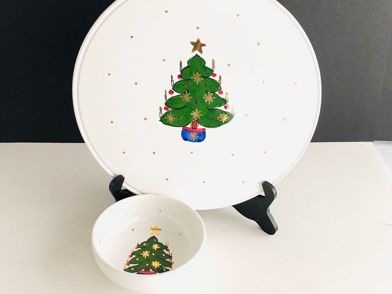 Large Round Ceramic Holiday Serving Platter and Bowl Set With a ...