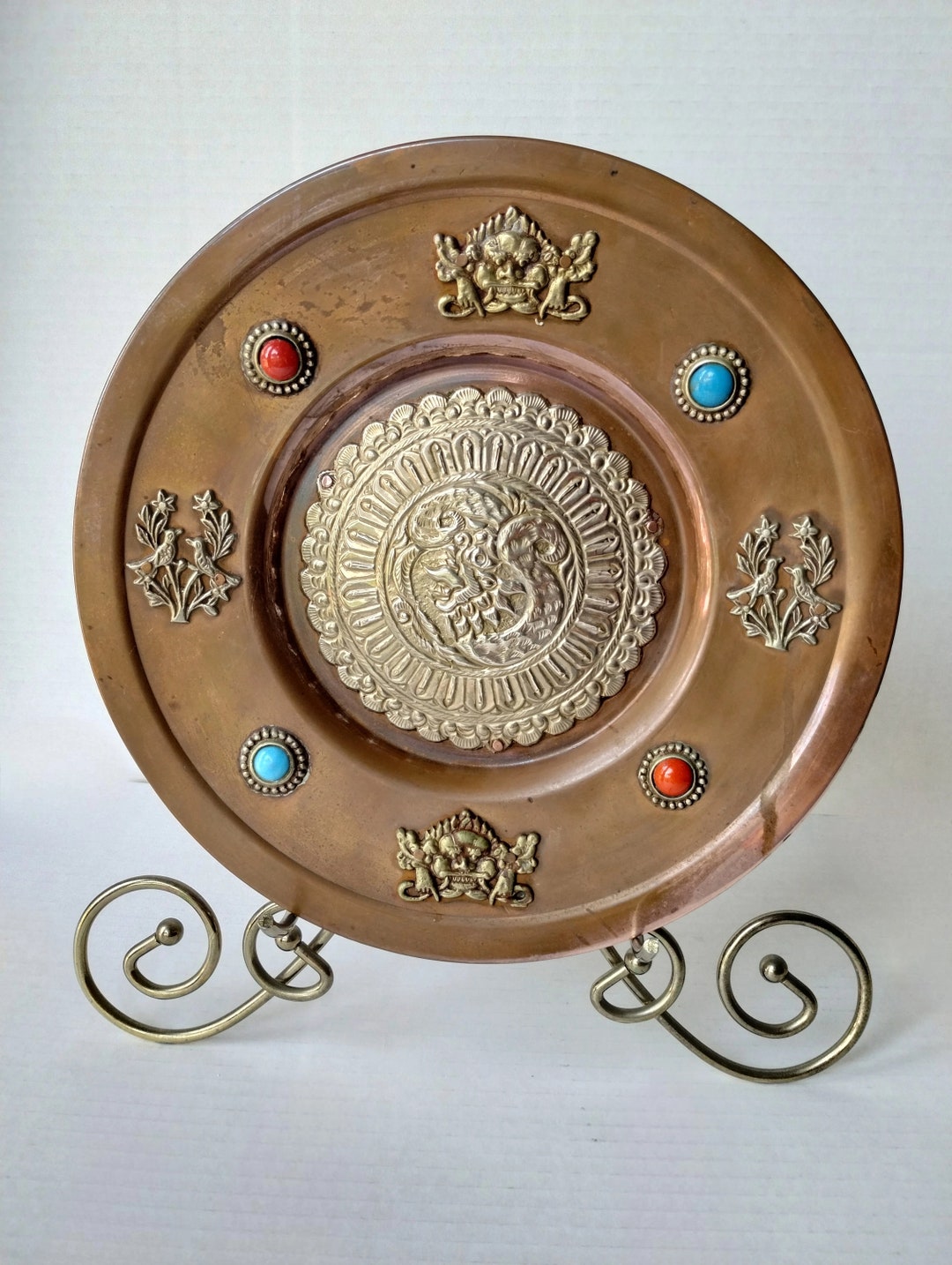 Solid Copper Wall Hanging Plate With Turquoise and Coral - Indigenous ...