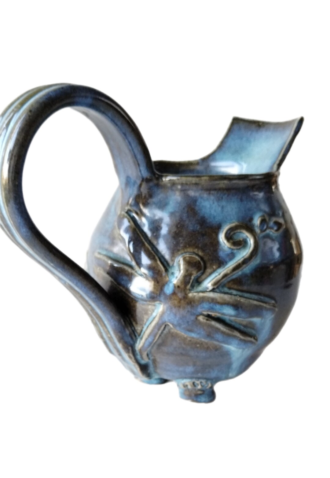 Large Studio Pottery Pitcher - Dragonfly Motif- Vines and Fruit Designs ...