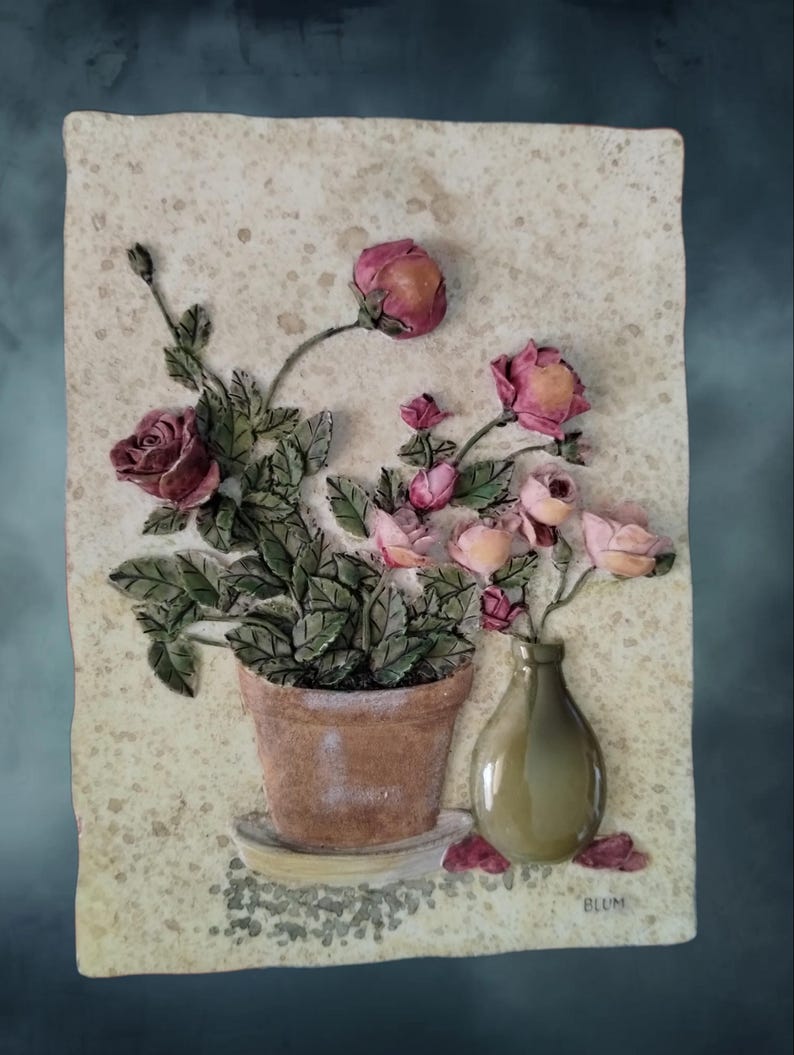 Vintage Cheri Blum Floral 3D Wall Plaque Resin Roses in Acrylic Vase ...