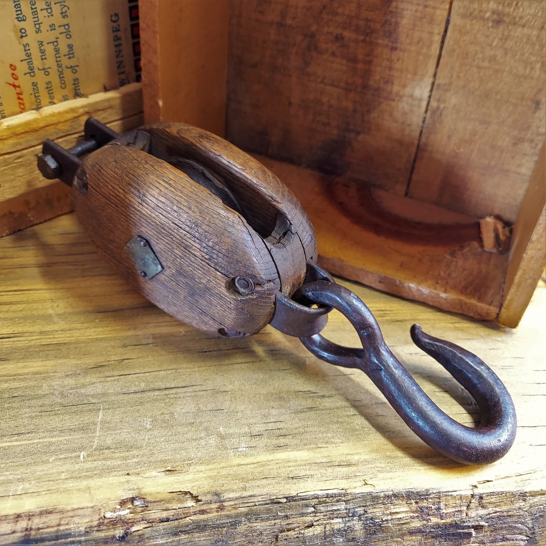 Rustic Wooden Rope Pulley Old Cast Iron & Wood Hanging - Etsy