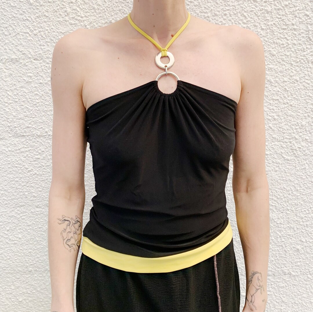 Y2k Black and Yellow Stretchy Halter Top Sleeveless Tube Top Tie up ...
