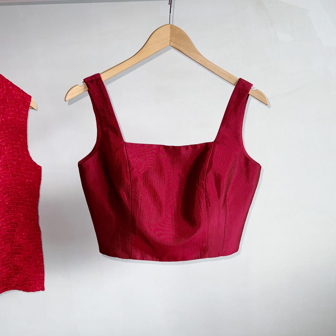 90s Dark Red Satin Cropped Top Sleeveless Top Square Neck Crop Top ...