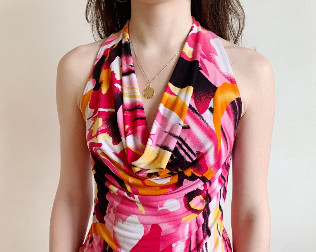 Pink Orange 2000s Pop Art Print Open Back Cowl Neck Halter Top · Open ...