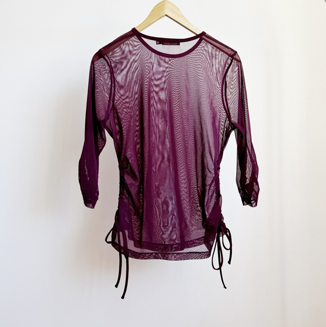 Dark Plum Sheer Mesh Round Neck Tight Fit Top Purple Mesh Sheer Shirt ...