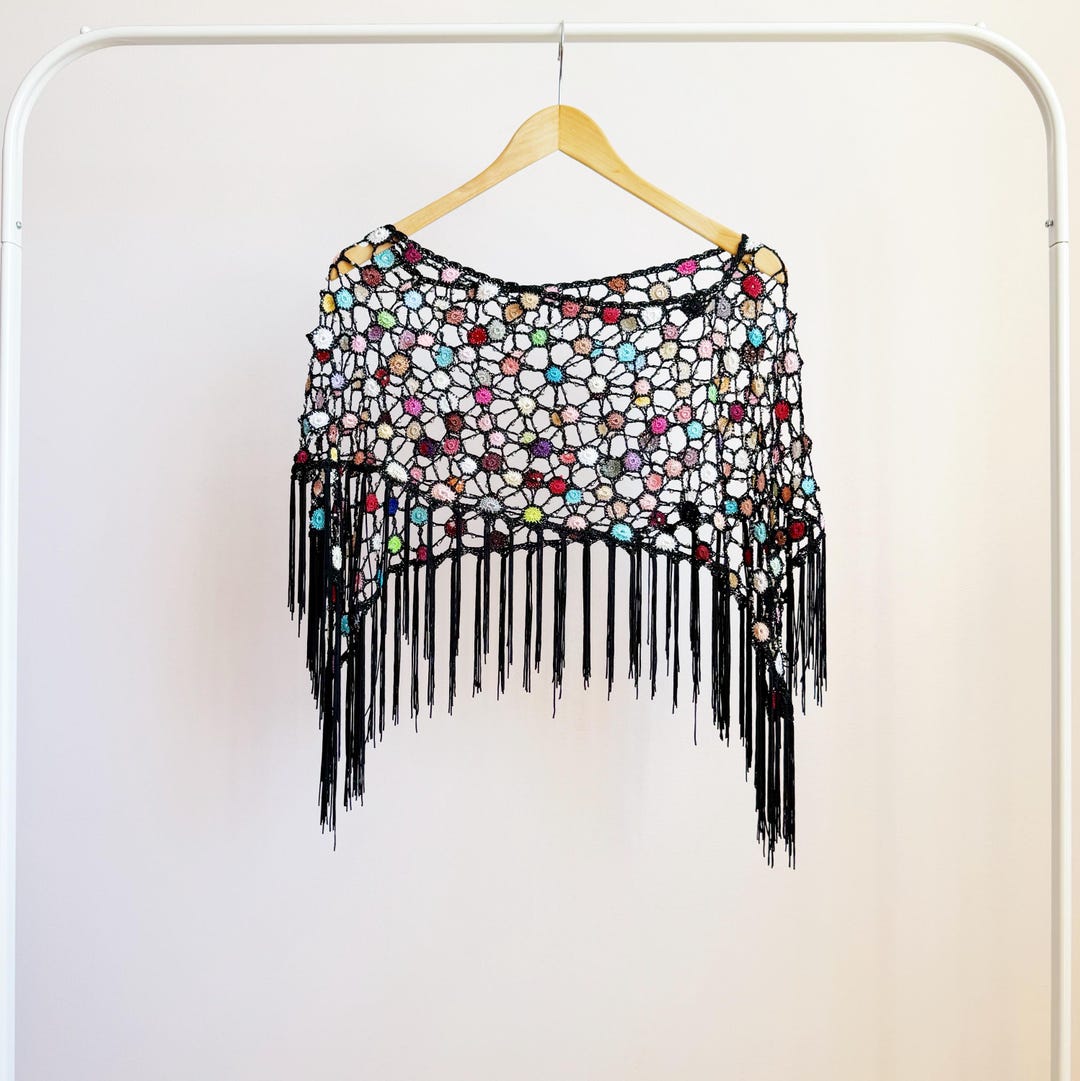 Crochet Net Mini Poncho · Fringed Multicolour Crochet Shoulder Covering ...