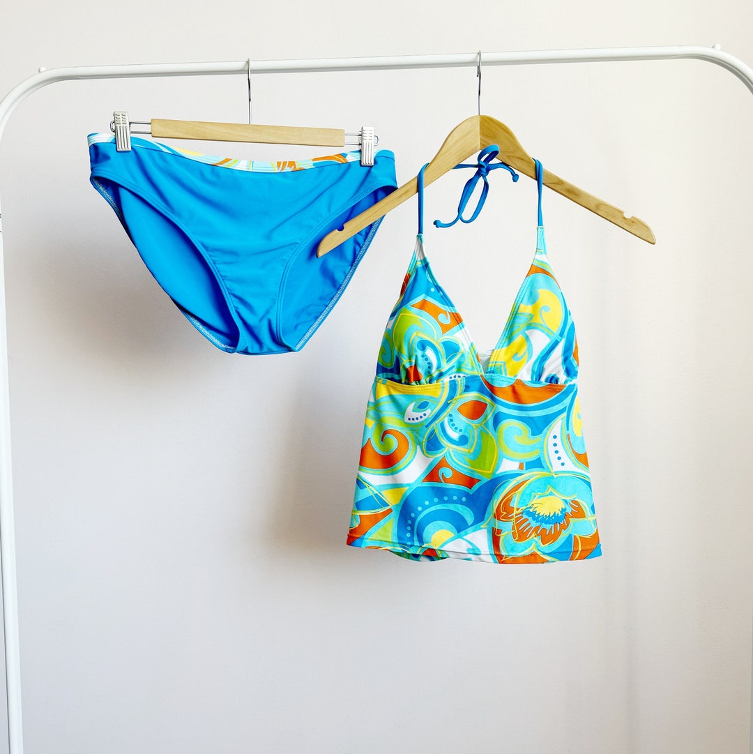 Y2k Print Tankini 2000s Tankini Set Blue Yellow White Orange Abstract ...