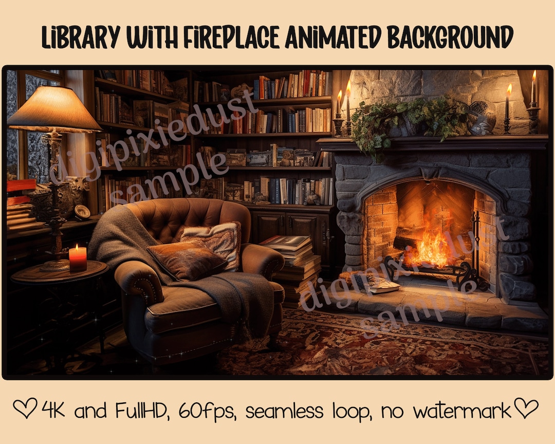 Animated Background Cozy Library With Fireplace for Green Screen ...