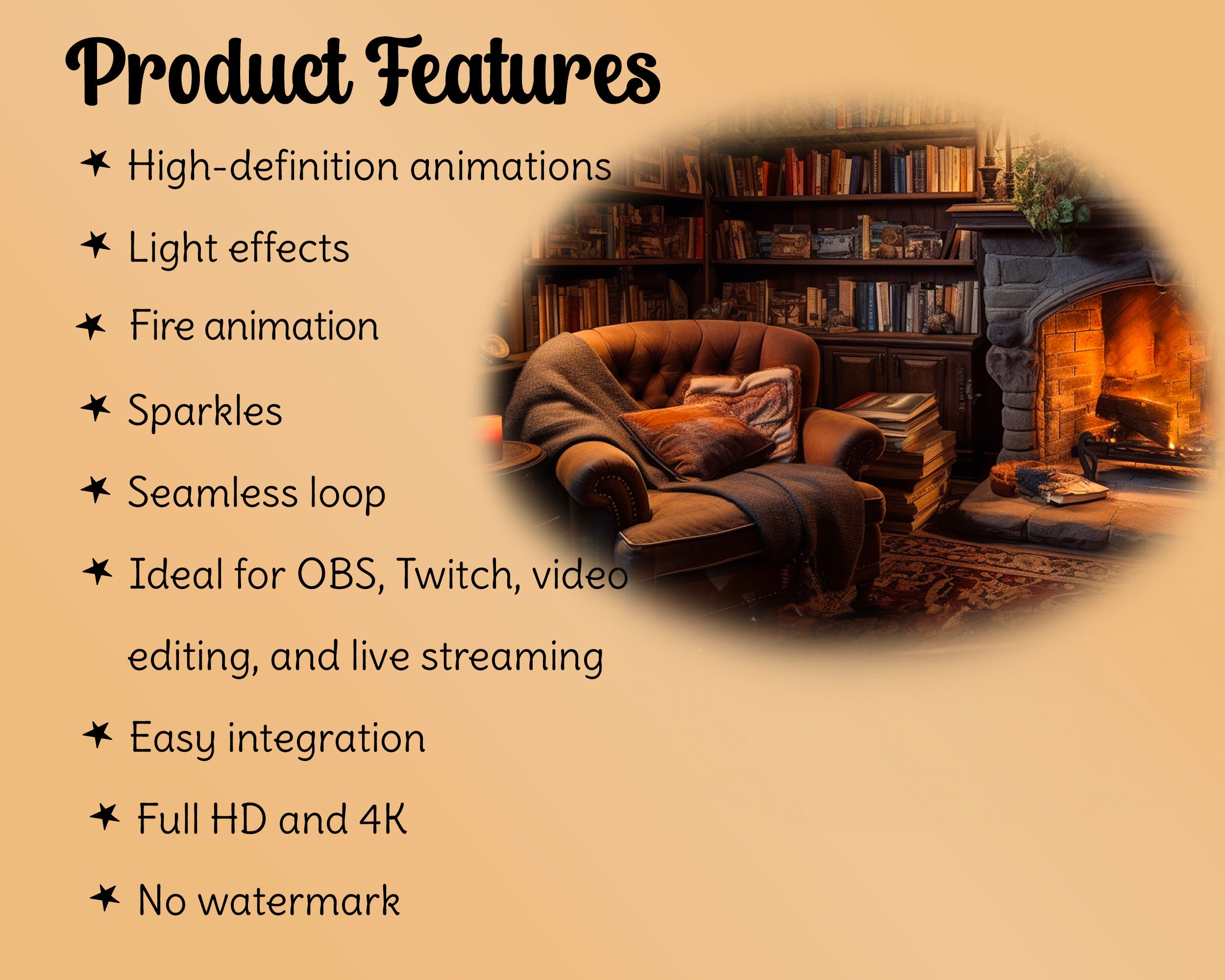 Animated Background Cozy Library With Fireplace for Green Screen ...