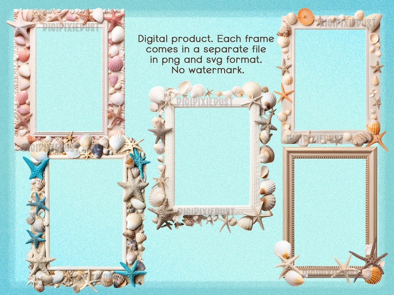 Beach Frames Clipart SVG and PNG, Frames With Shells, Wood Frame Border Art Beach-themed ...