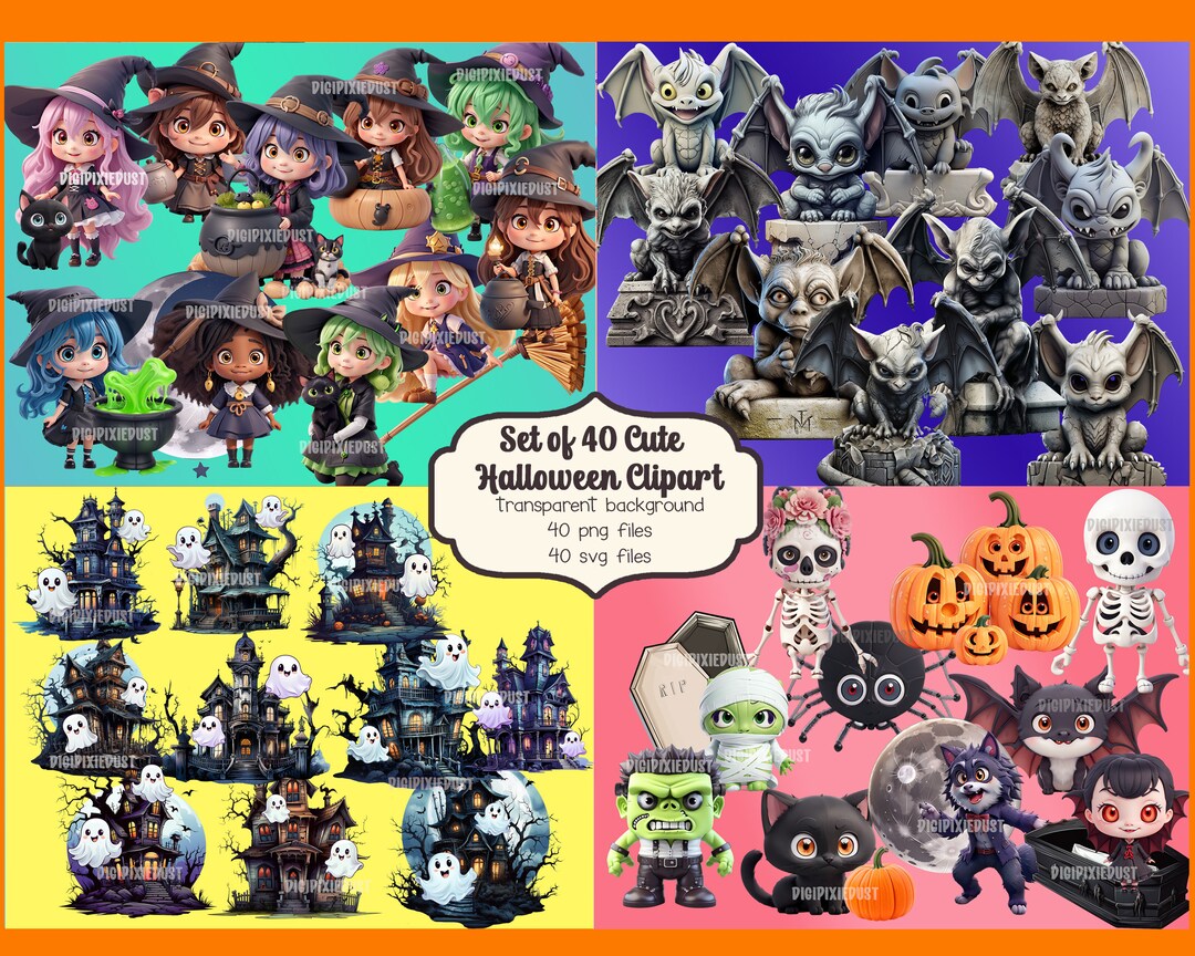 Cute Halloween Clipart Set 40 Graphics Spooky but Kawaii Graphics for ...