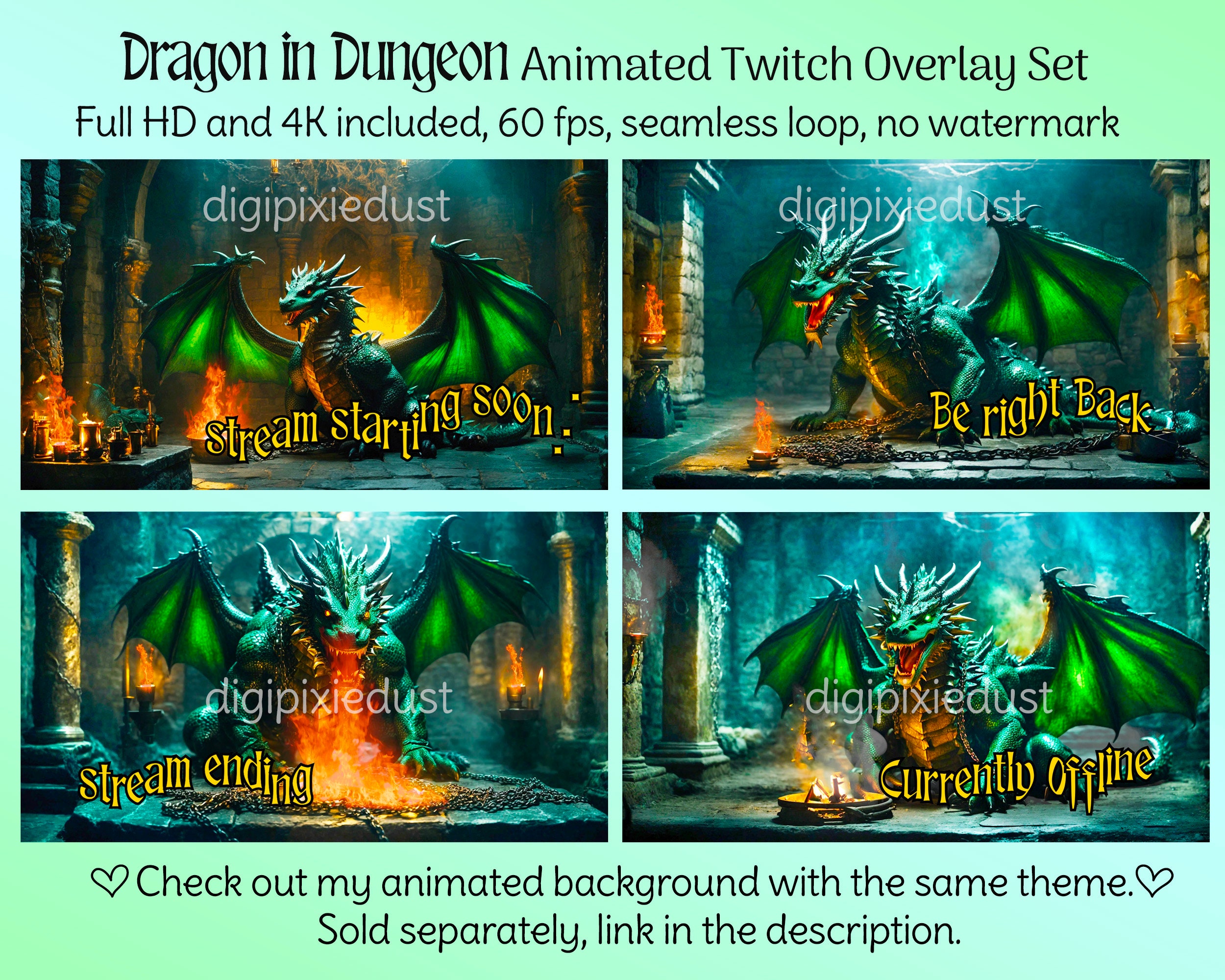 Dragon in Dungeon Twitch Stream Overlay Set of 4 Screens With Animated ...