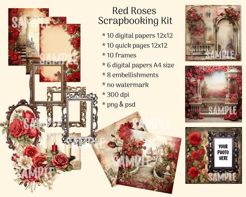 Vintage Scrapbook Paper Kit Red Rose Garden Theme Digital Papers ...