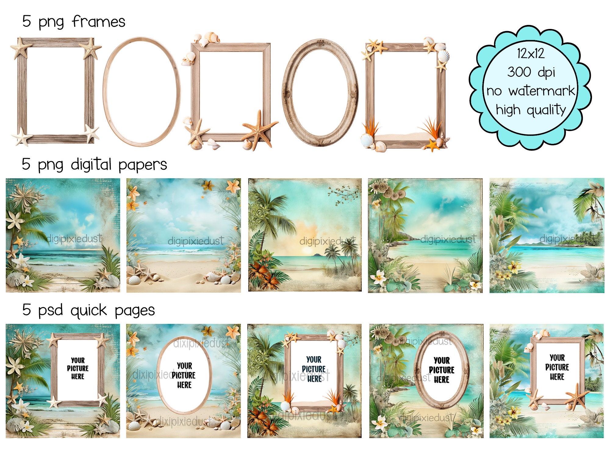 Beach Vacation Scrapbooking Kit Digital Papers, Wooden Frames With Sea ...